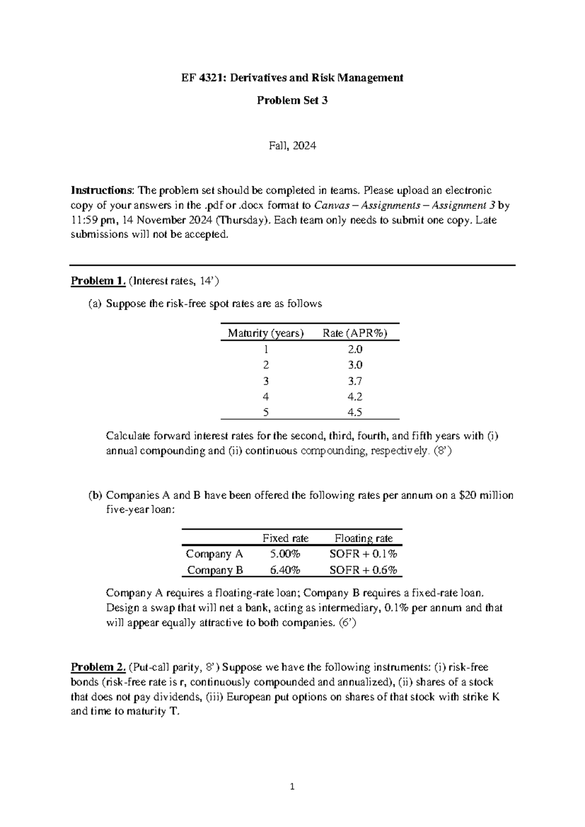 2024/25 Problem Set 3 - 1 EF 4321: Derivatives and Risk Management Problem Set 3 Instructions ...
