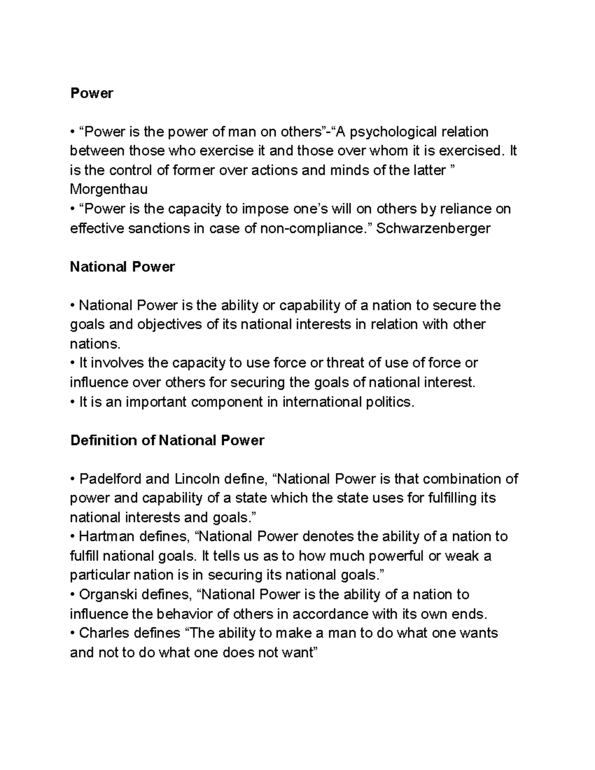 Power - notes - Power “Power is the power of man on others”-“A ...