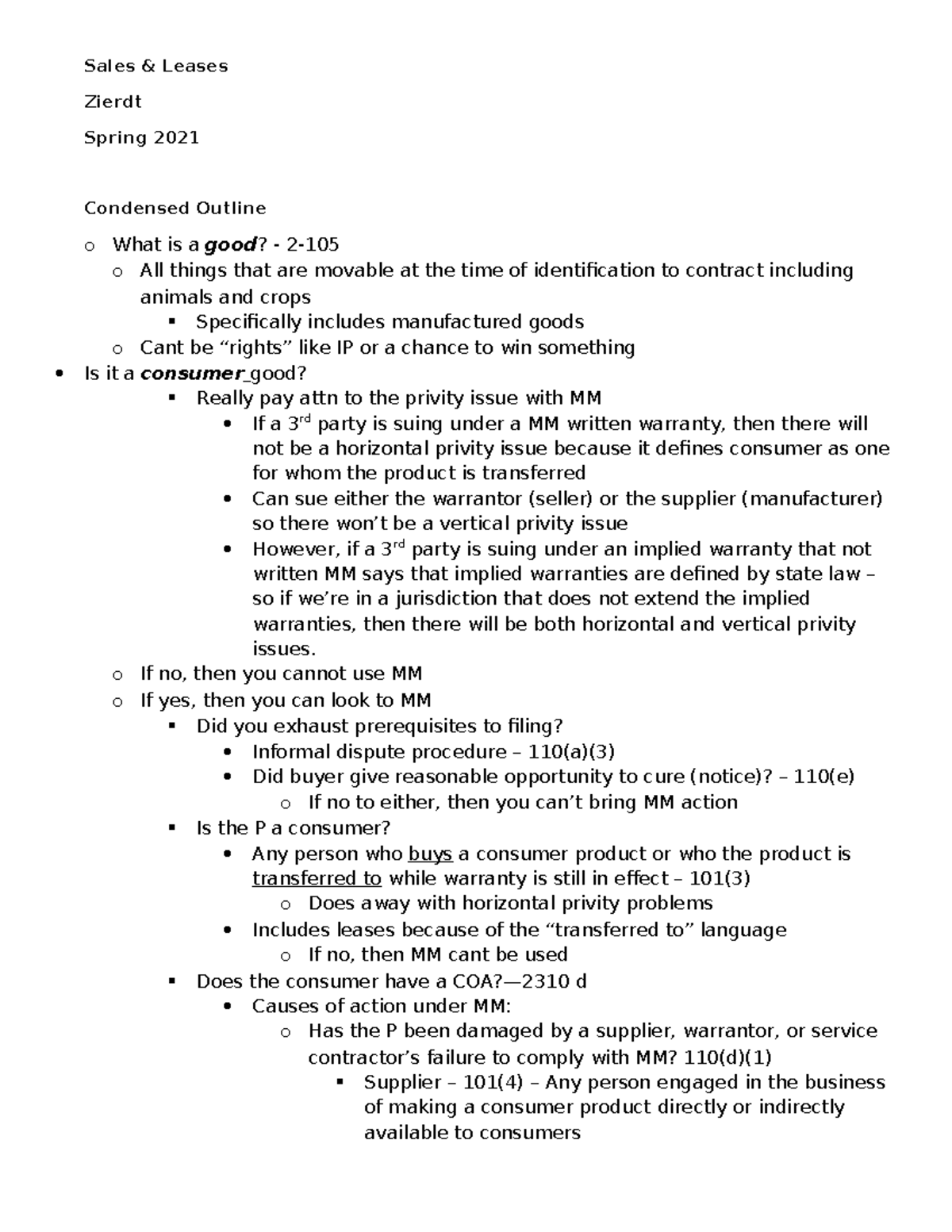 Sales&Leases Outline - Sales & Leases Zierdt Spring 2021 Condensed ...