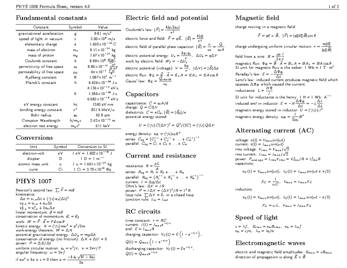 Formula sheet v4 0 - PHYS 1008 Formula Sheet, version 4 1 of 2 ...