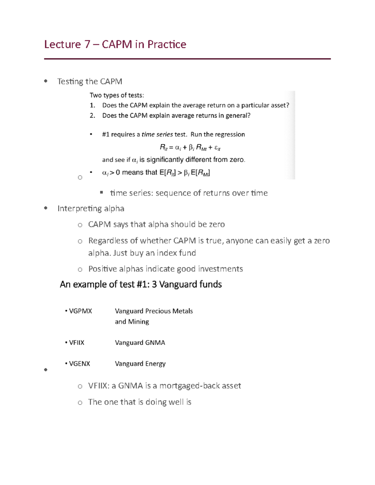 Lecture 7 - In class notes - Lecture 7 – CAPM in Practice Testing the ...