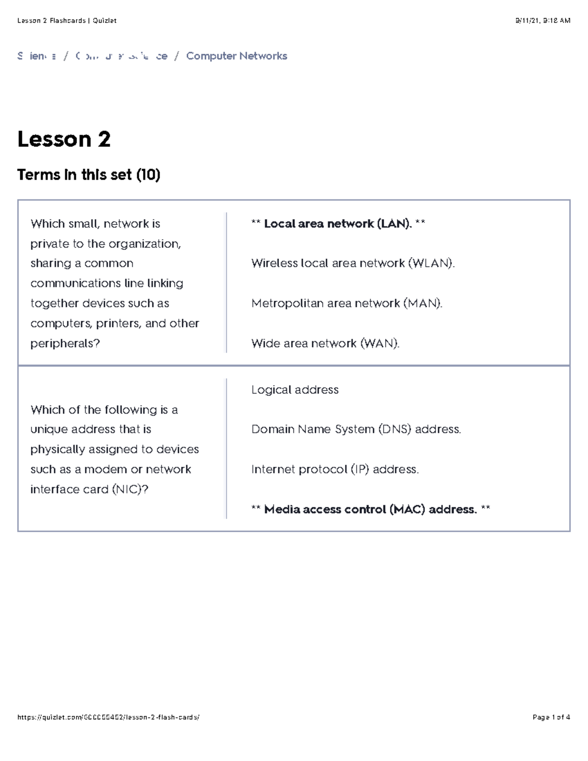 Lesson 2 Flashcards Quizlet - Lesson 2 Science / Computer Science / Computer Networks Terms in ...