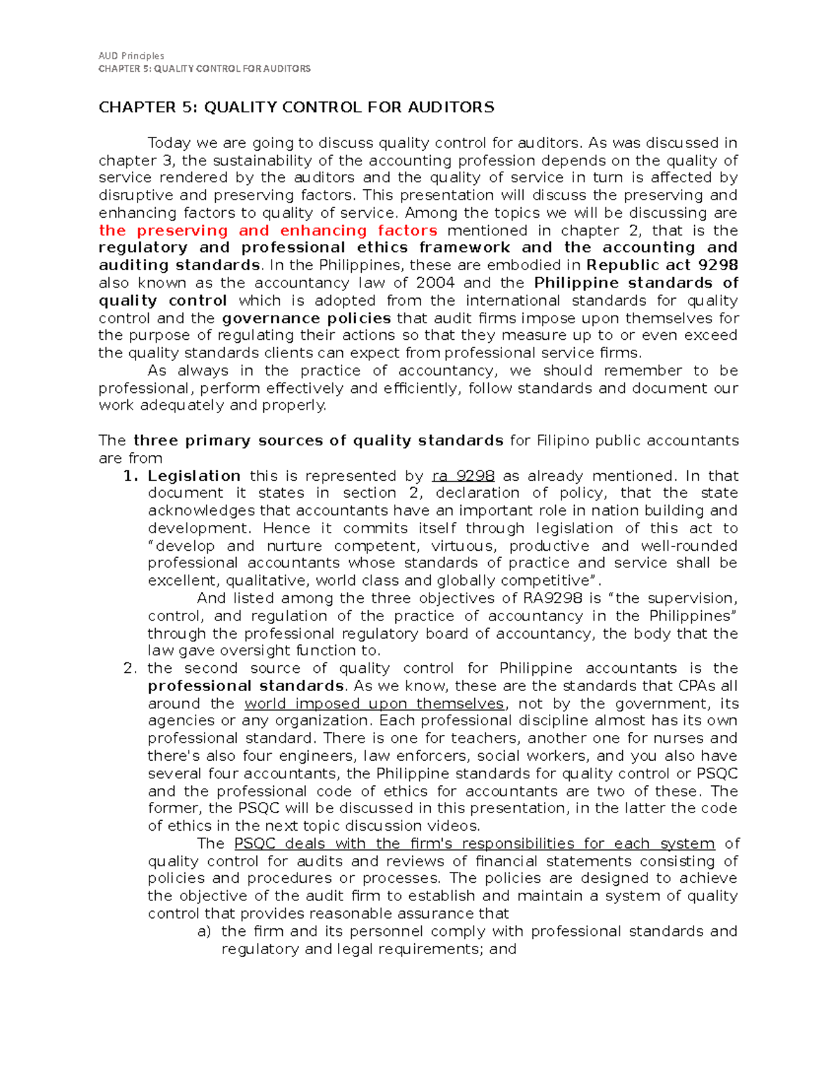 Auditing Principle Chapter 5 - Accountancy - UE - Studocu