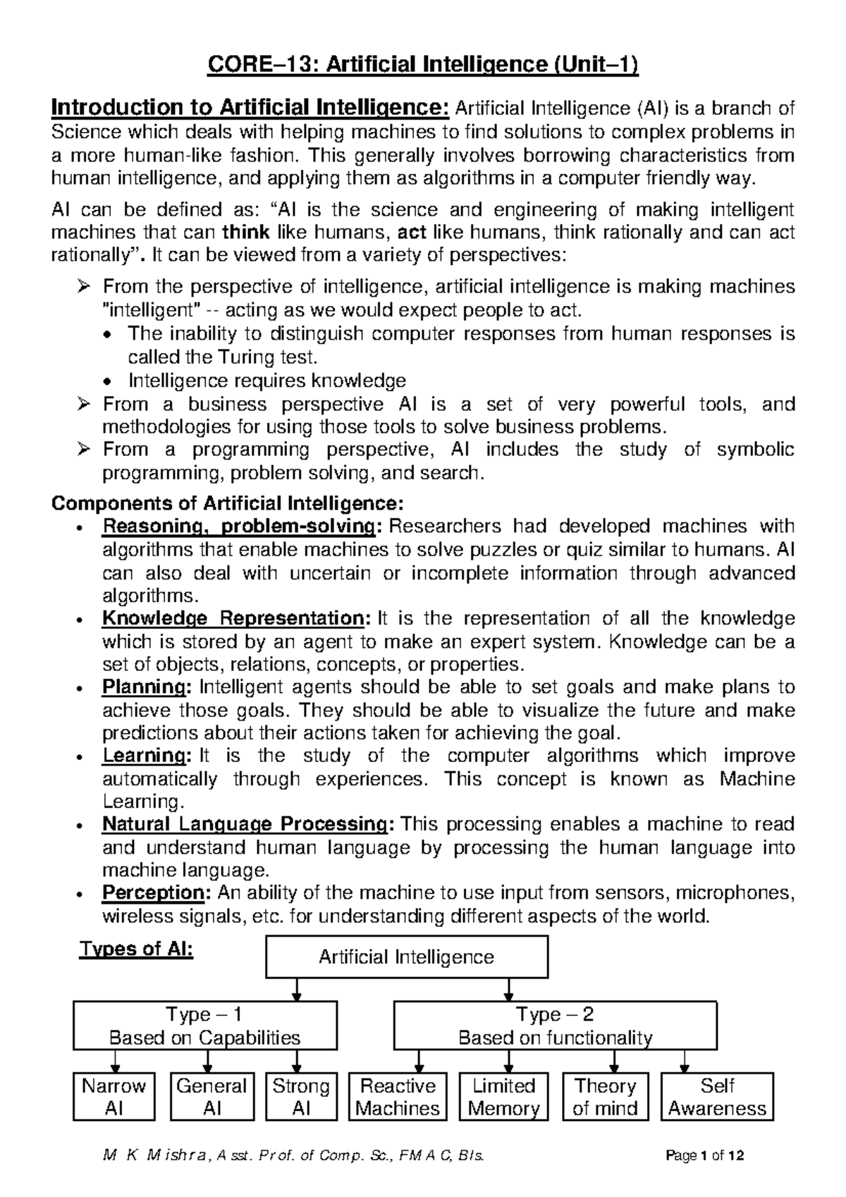 CC-13-Unit-1 - CORE–13: Artificial Intelligence (Unit– 1 ) Introduction ...