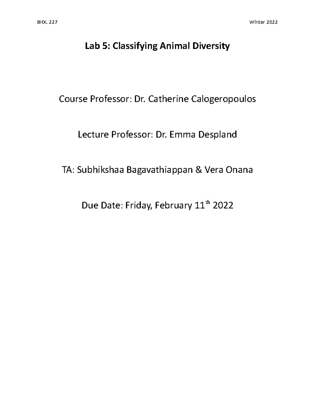 Lab 5: Classifying Animal Diversity 2022 - Lab 5: Classifying Animal ...