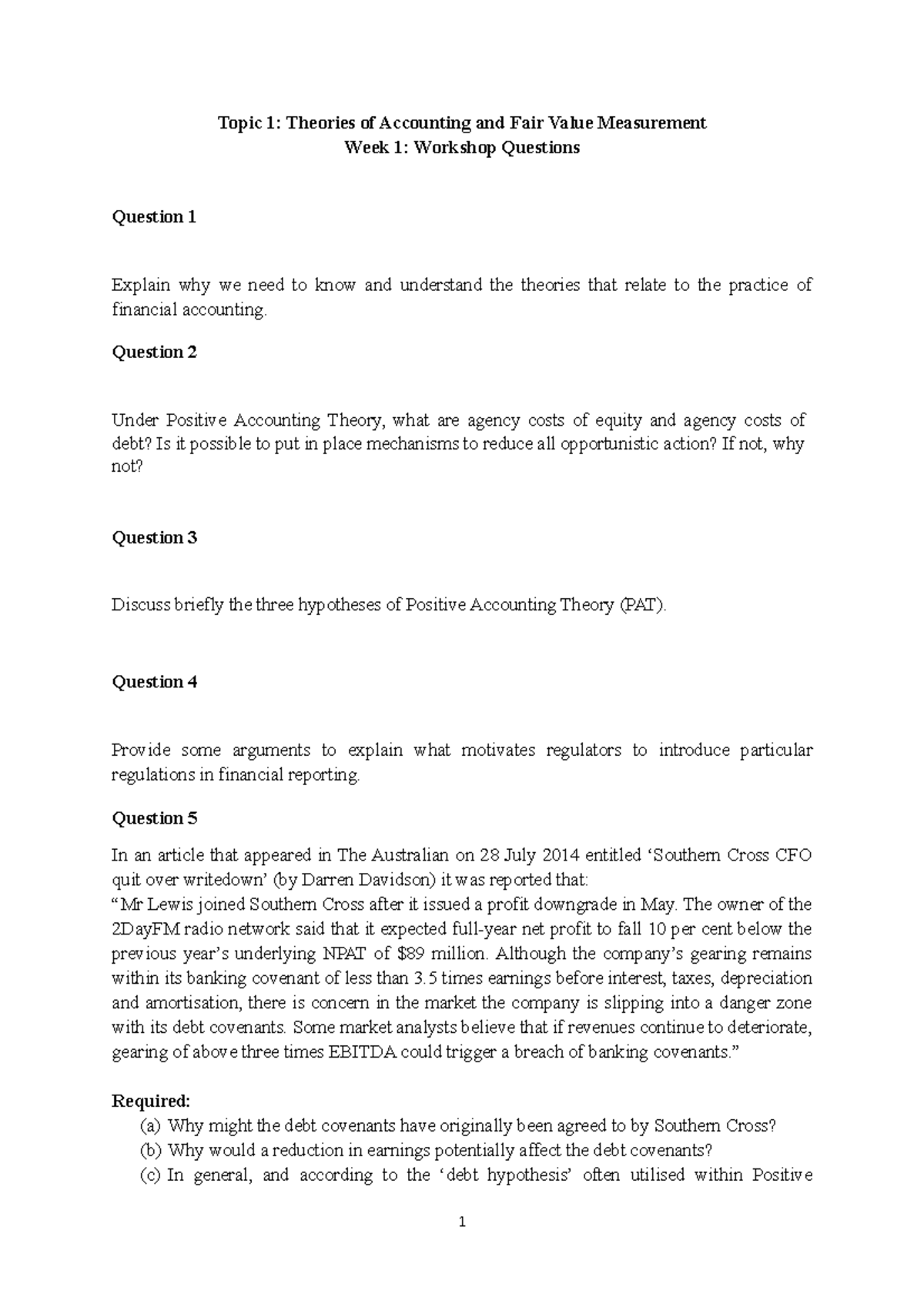 Topic 1 Workshop Questions T2 2022 Topic 1 Theories Of Accounting And Fair Value Measurement