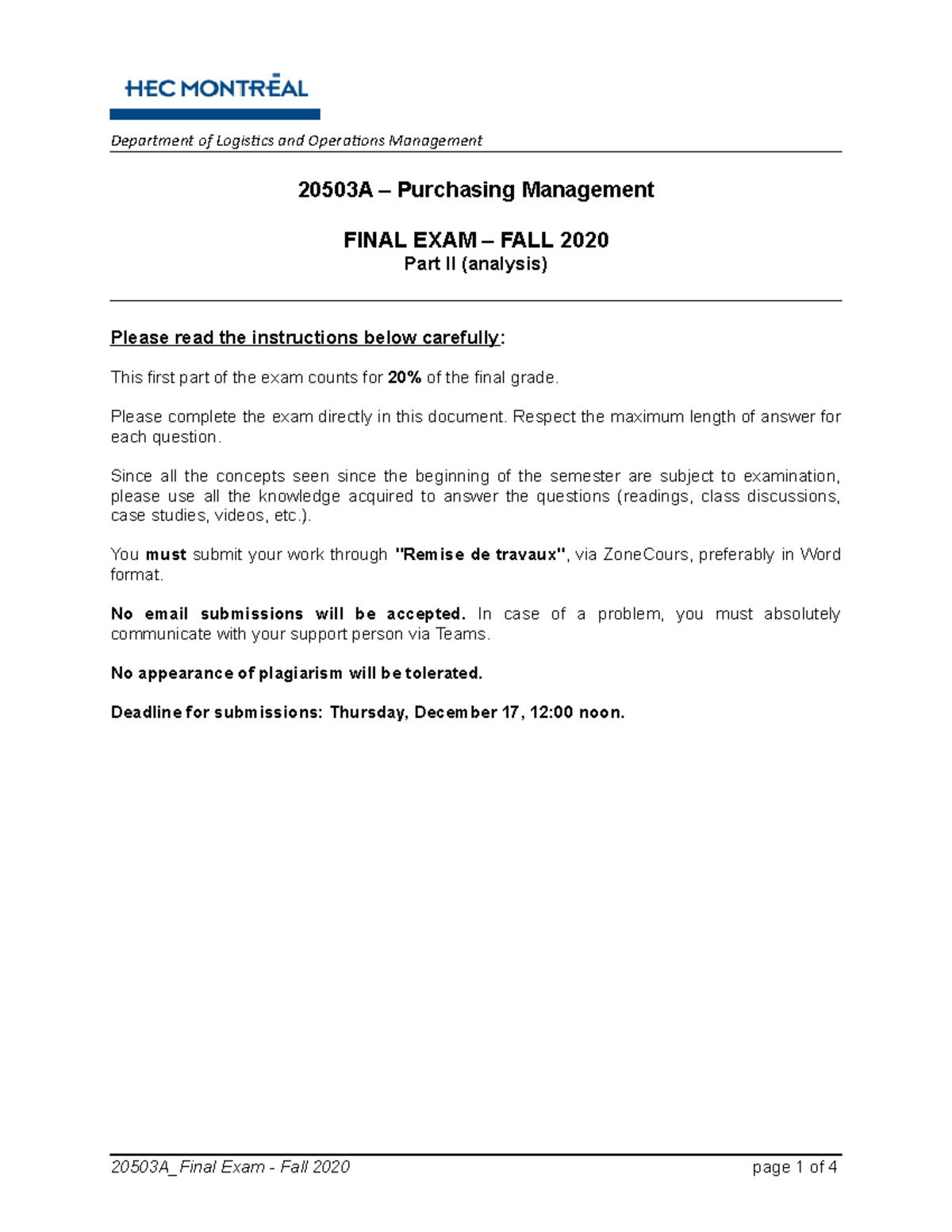 Purchasing Management Final Exam 2020 - Department of Logistics and ...