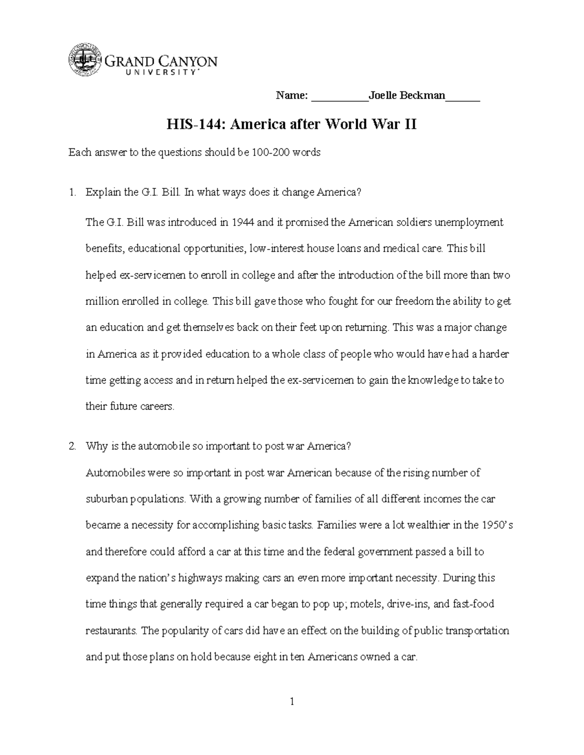 HIST 144 America after WWII Worksheet - Name: ____Joelle Beckman HIS ...