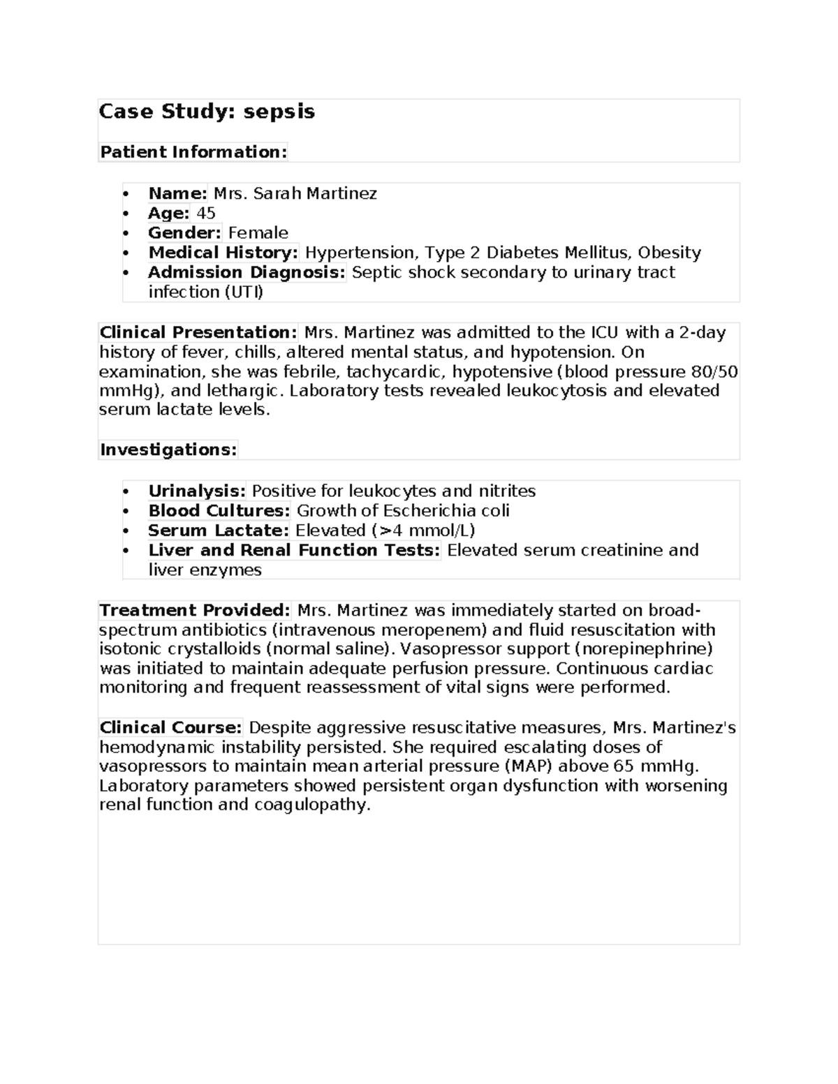 Case Study urosepsis - N/A - Case Study: sepsis Patient Information ...
