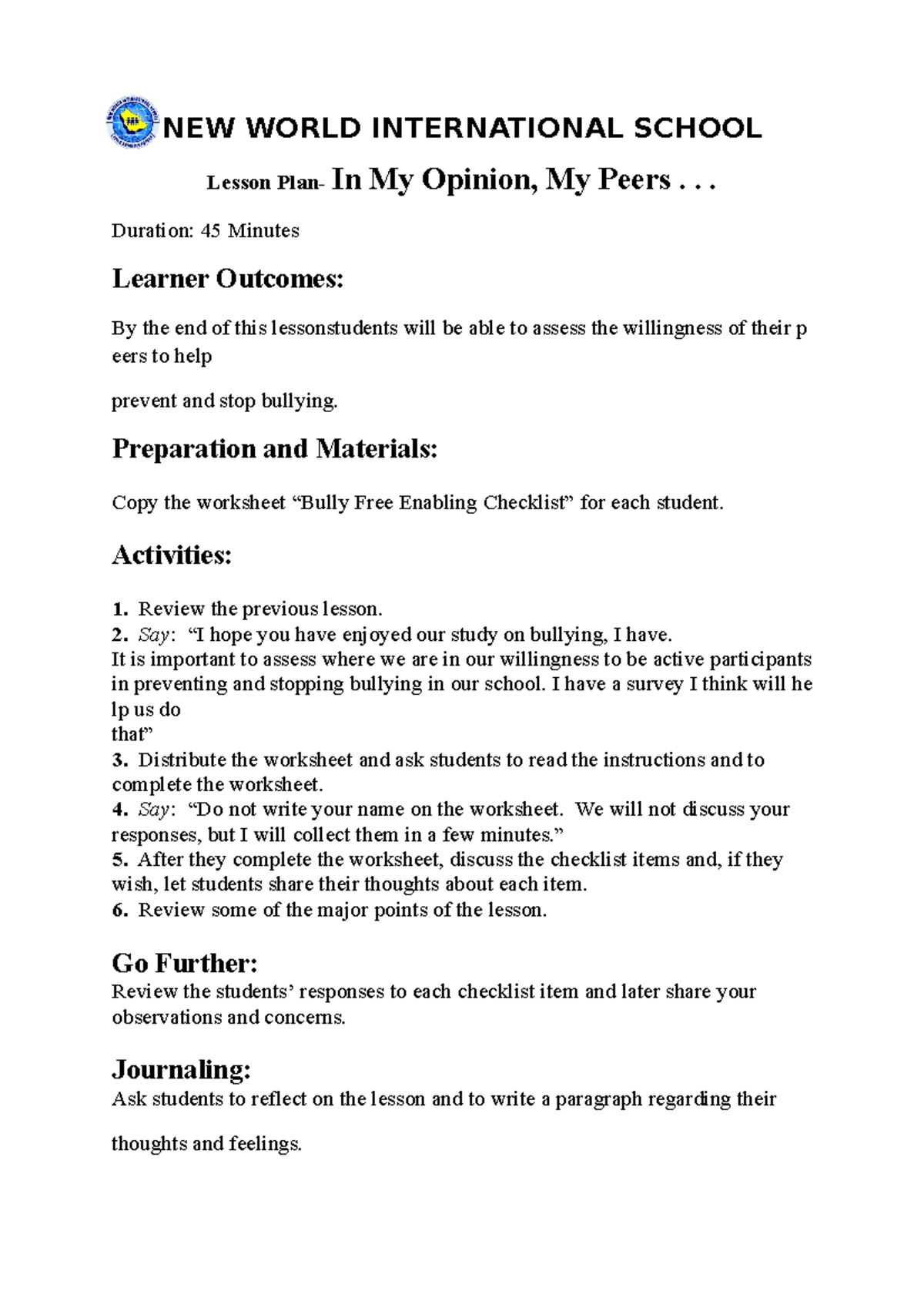 NWIS Anti- Bullying Lesson Plan-4 NWIS Anti- Bullying Lesson Plan-4 ...