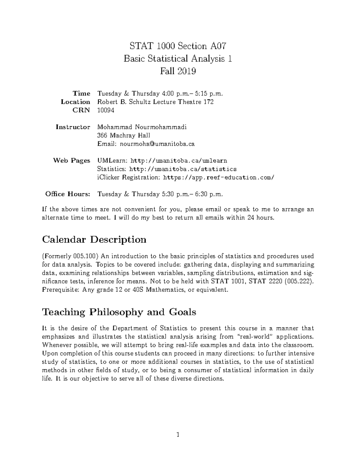 F2019-1000 Course-Outline - STAT 1000 Section A Basic Statistical Analysis 1 Fall 2019 Time ...