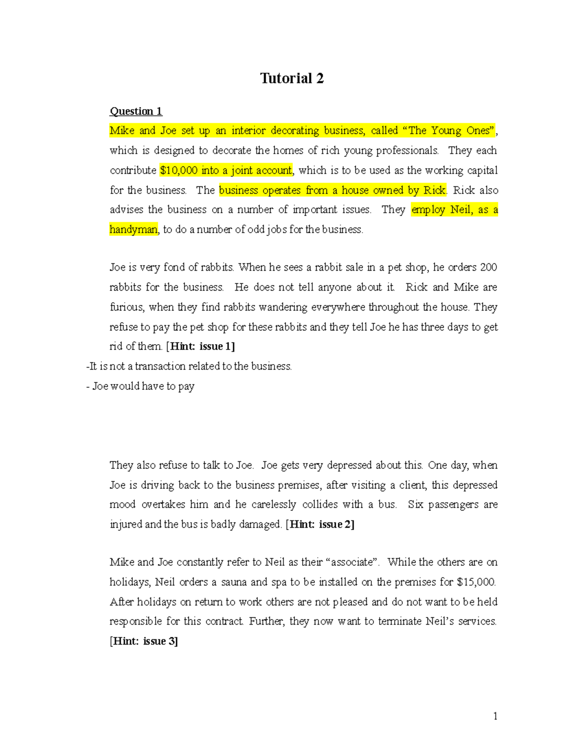 Tutorial 2 - Questions - Law of Business Organisation Notes - 200183 ...