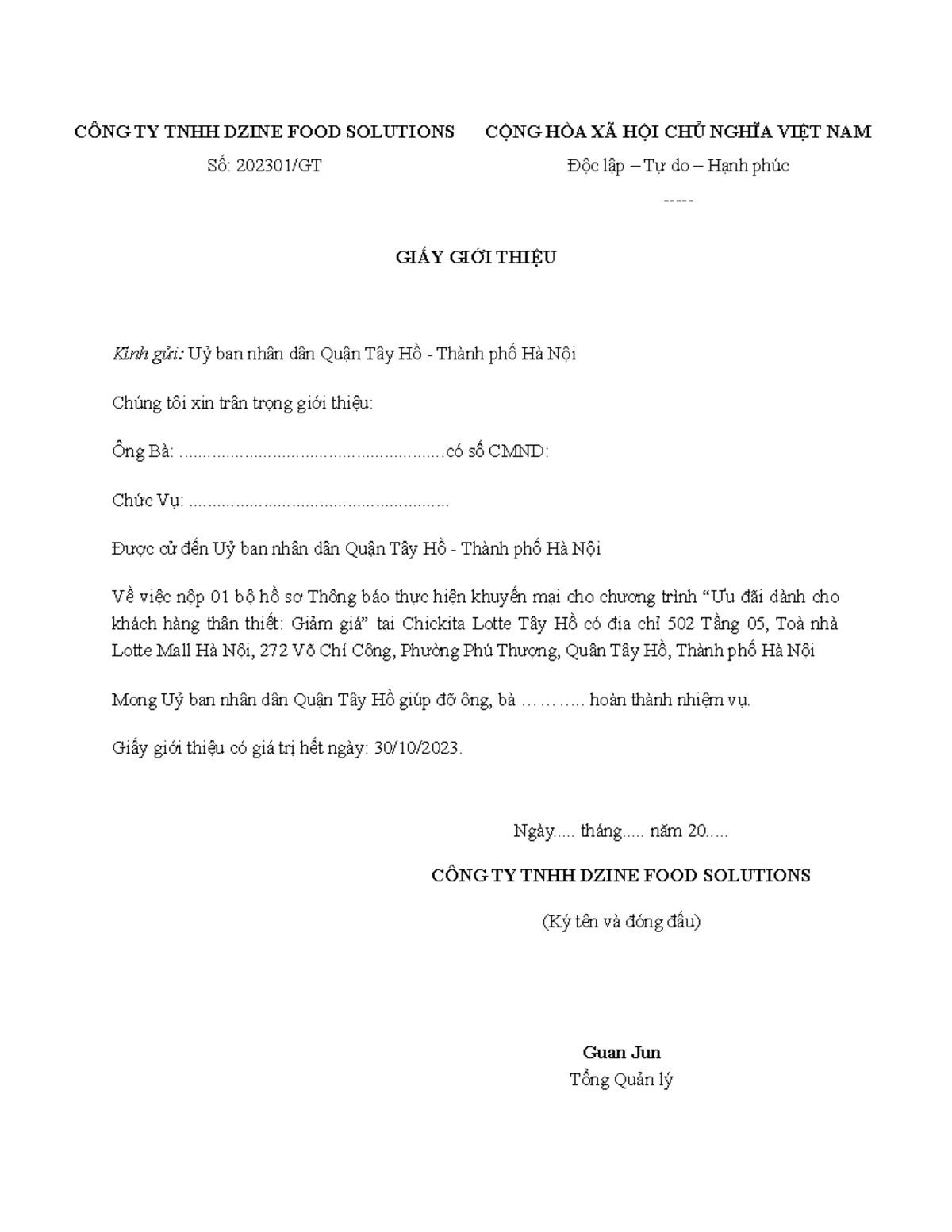 Mau giay gioi thieu cong ty doanh nghiep - CÔNG TY TNHH DZINE FOOD ...