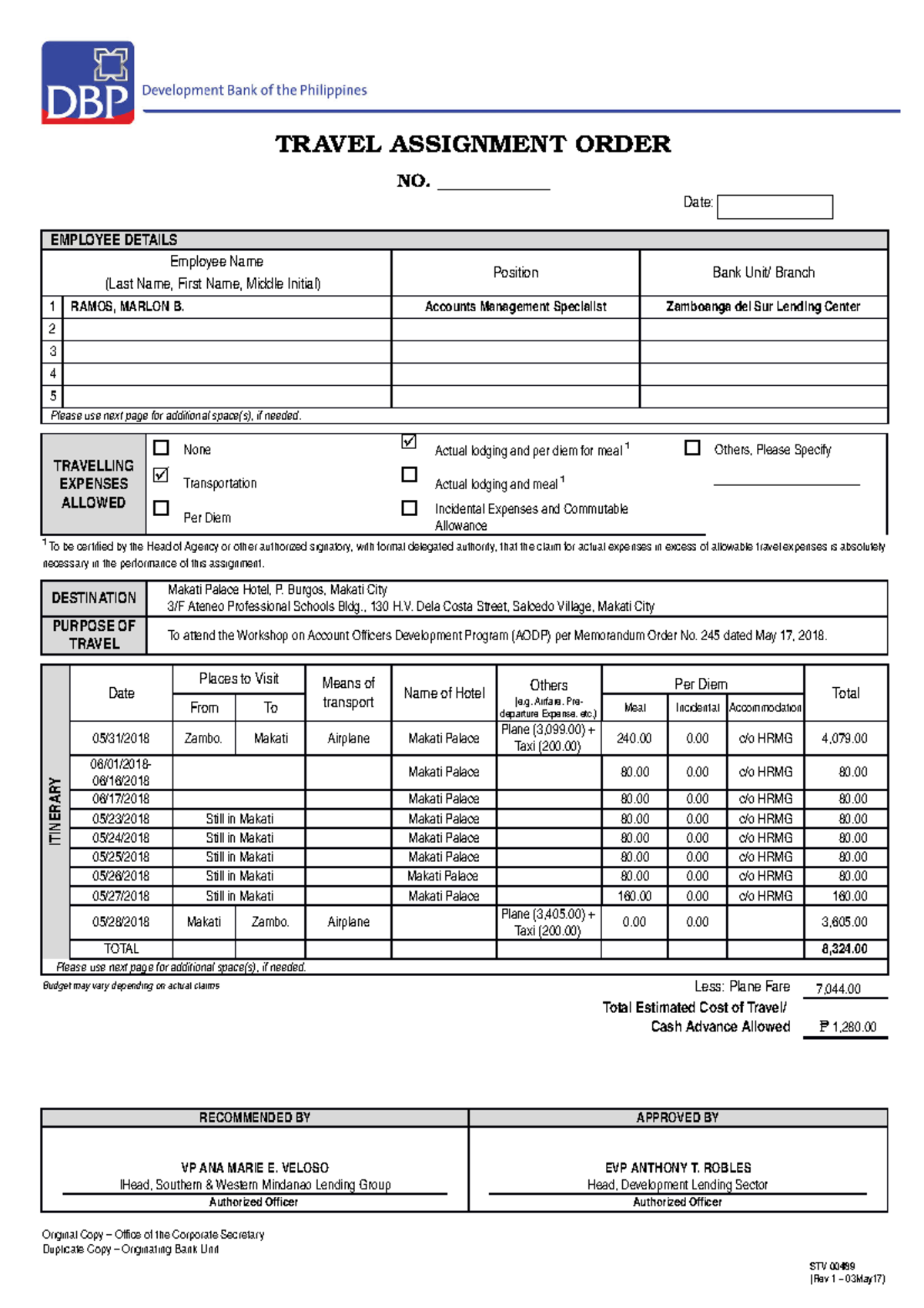 TAO Jayvie - TRAVEL ASSIGNMENT ORDER NO. ____________ Date: EMPLOYEE ...