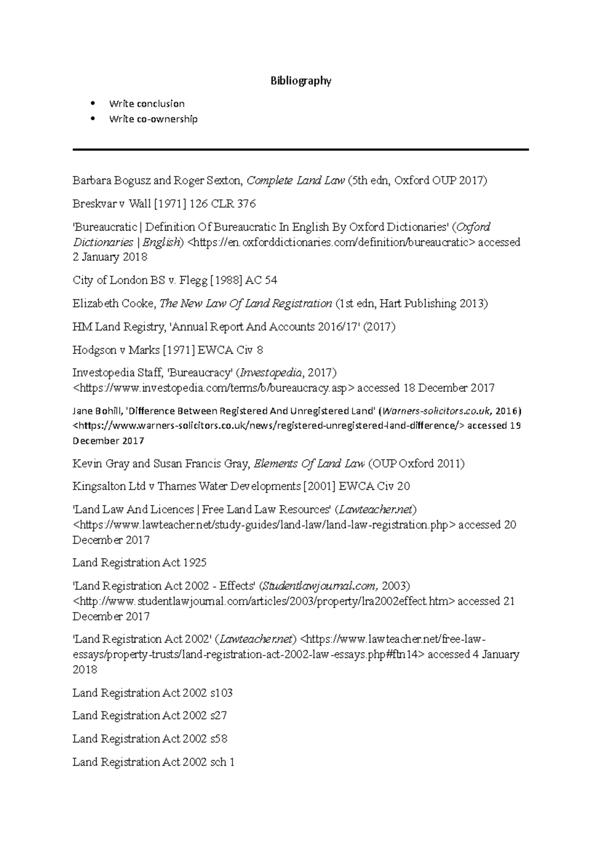 Bibliography - Land Law Summative - Bibliography Write conclusion Write ...