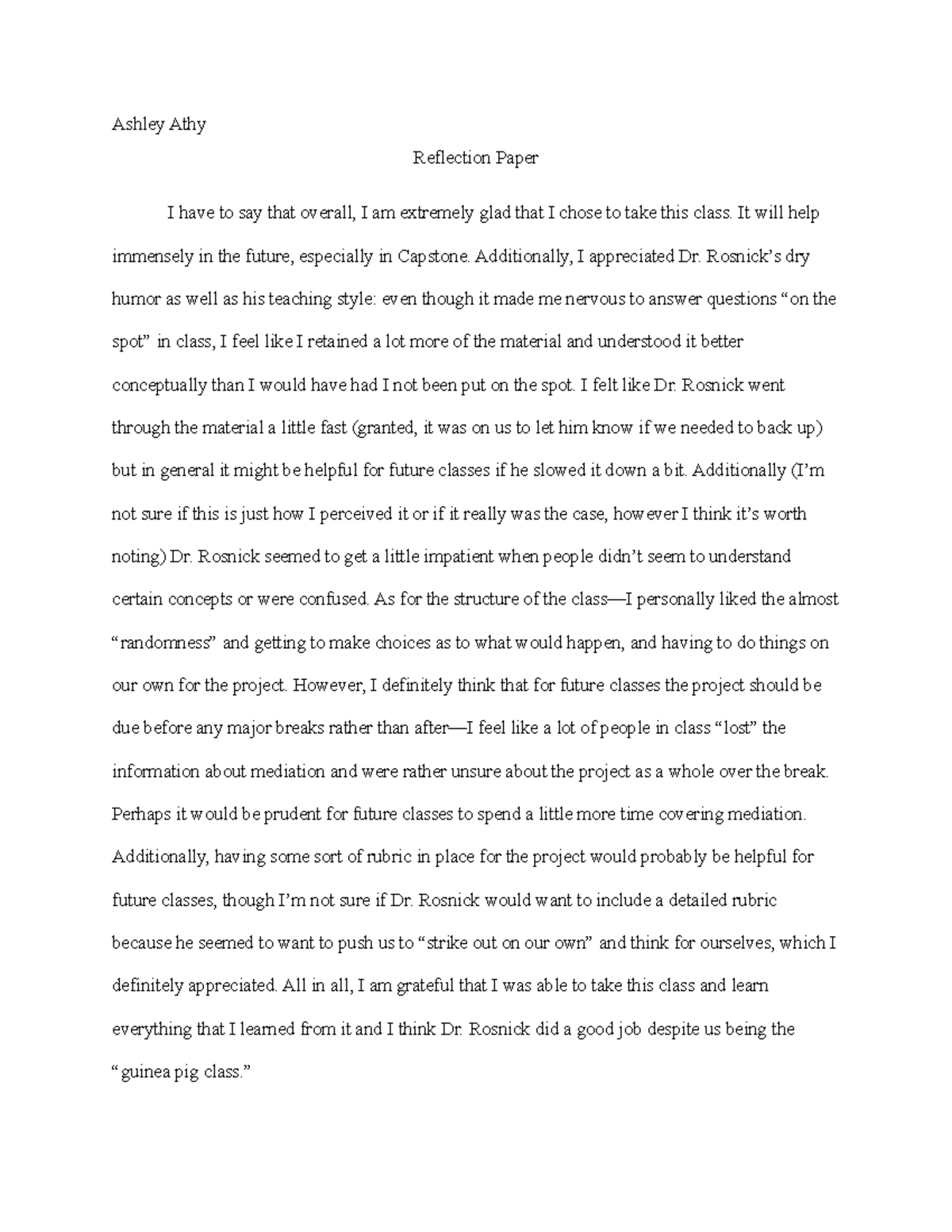 Essay "Final paper for spss" - grade A- Ashley Athy Reflection Paper I ...