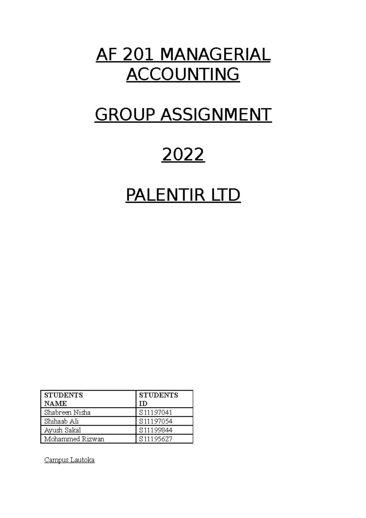 AF201 Final Assignment - AF 201 MANAGERIAL ACCOUNTING GROUP ASSIGNMENT ...