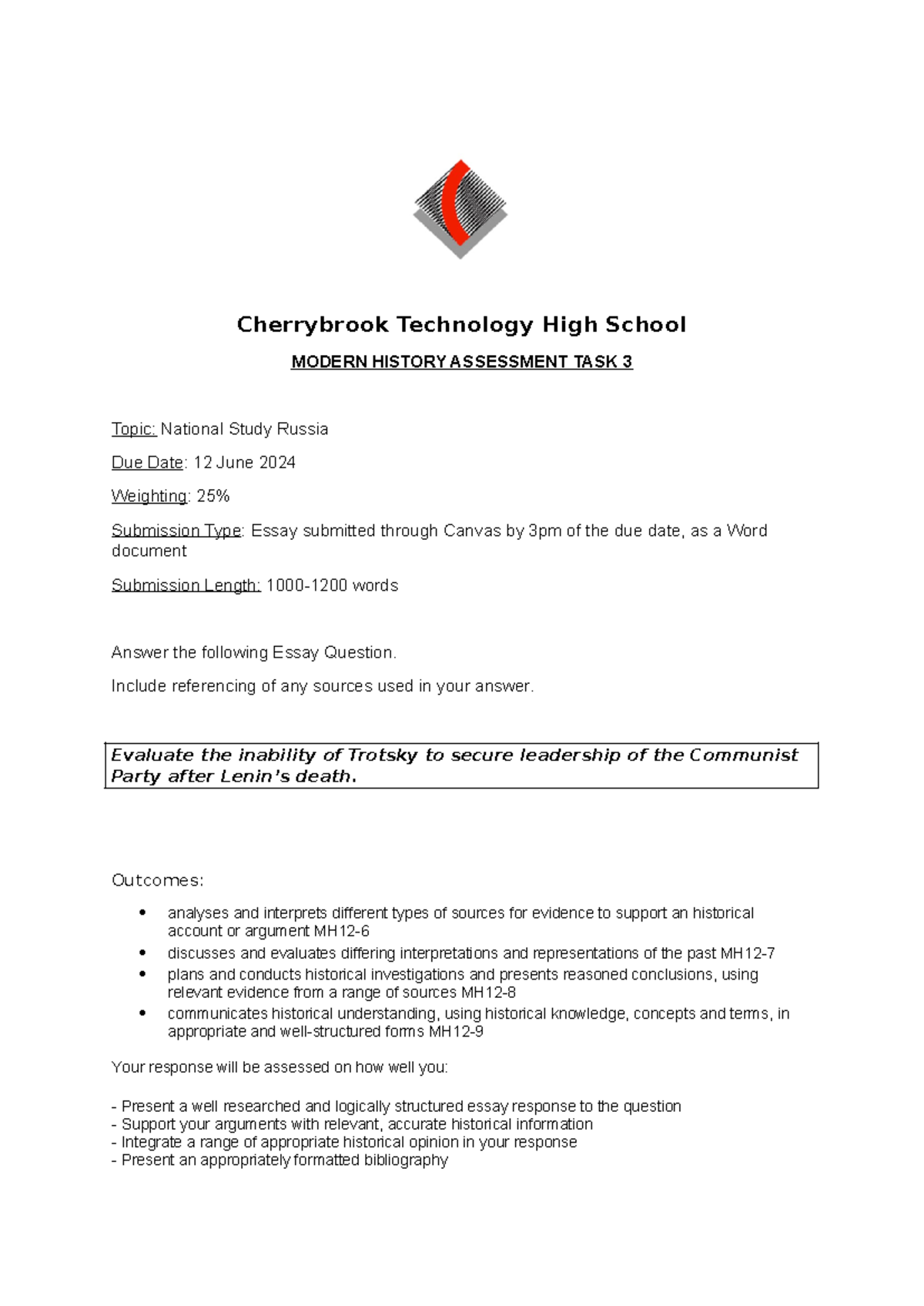 2024 12 MHistory Task3 - assignment for skl - Cherrybrook Technology High School MODERN HISTORY ...