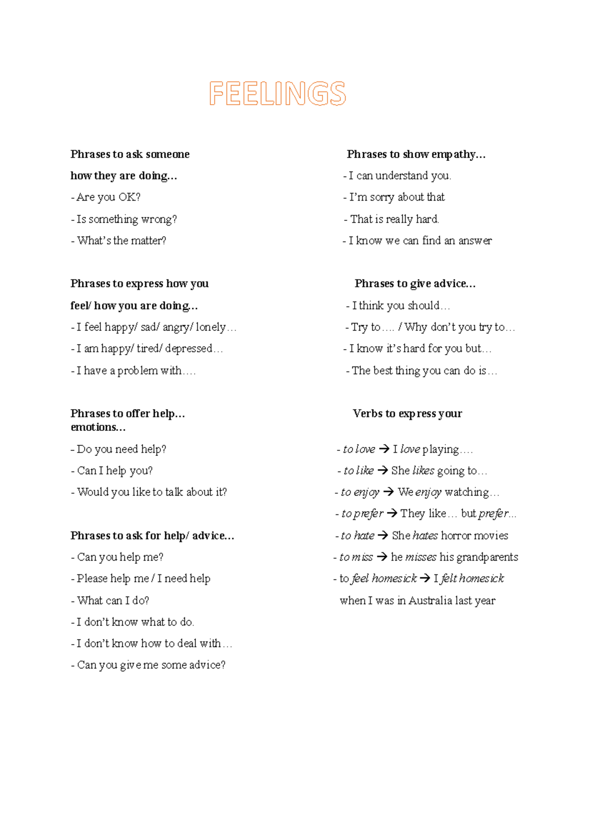 Handout n.1 Feelings - FEELINGS Phrases to ask someone Phrases to show ...