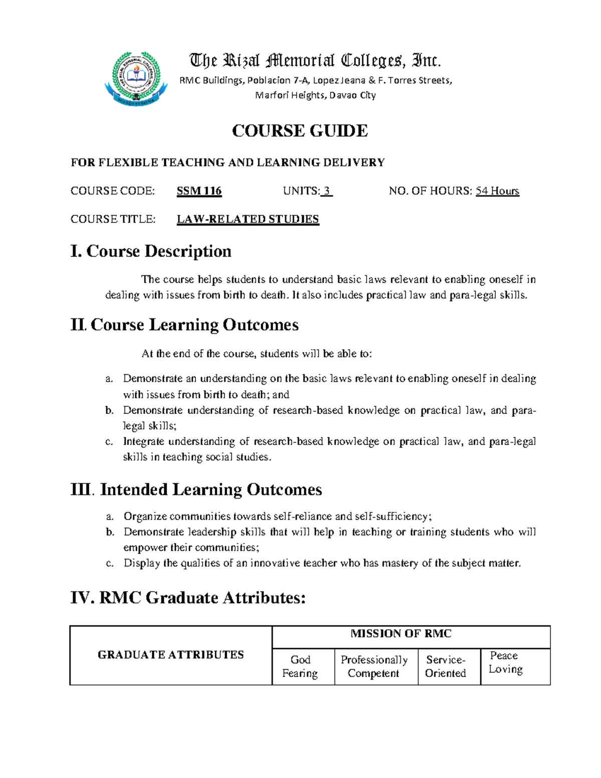 Course Guide SSM 116 - COURSE GUIDE FOR FLEXIBLE TEACHING AND LEARNING DELIVERY COURSE CODE: SSM ...