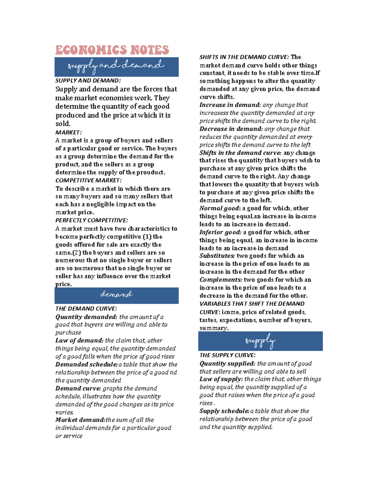 Economics Notes S5 Lecture Notes of year 2018 - ECONOMICS NOTES Supply ...