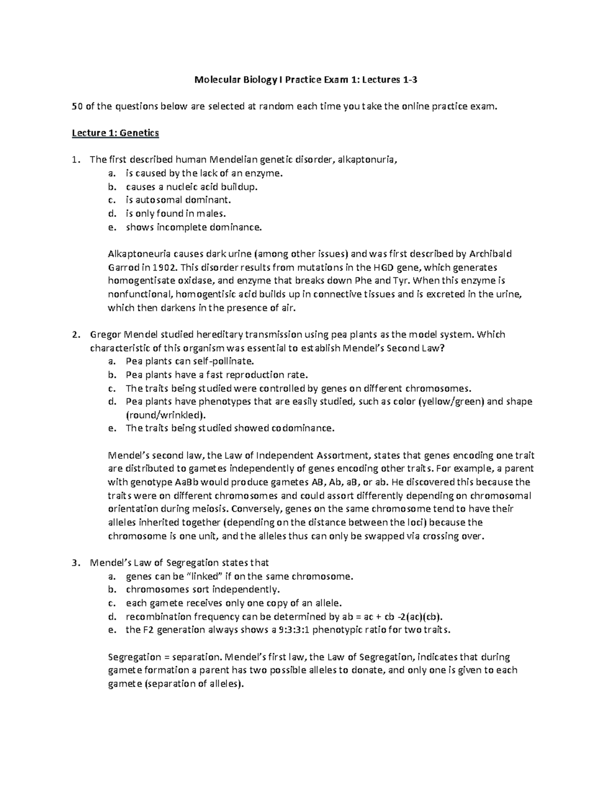 Molec Practice Exam 1 Explanations - Molecular Biology I Practice Exam ...