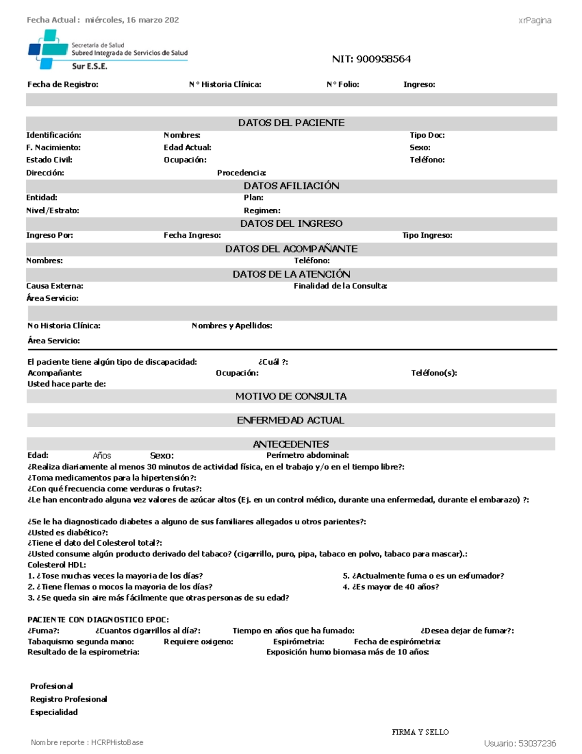 Formato Vejez HC251 - lllli - NIT: 900958564 Fecha de Registro: N ...