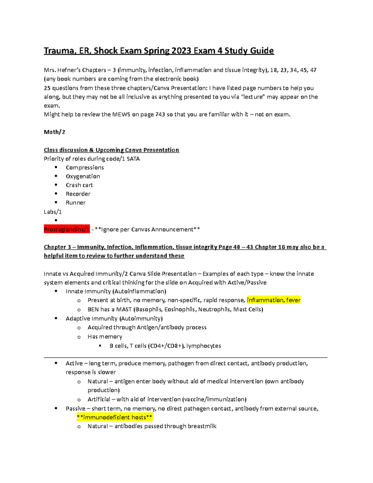 Exam 4 - Trauma, ER, Shock Study Guide - Trauma, ER, Shock Exam Spring ...