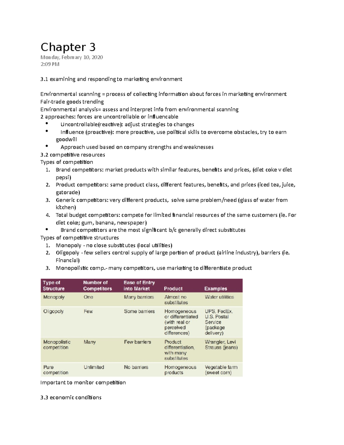Chapter 3 Marketing Environment- Lecture notes 3-4 - Chapter 3 Monday ...