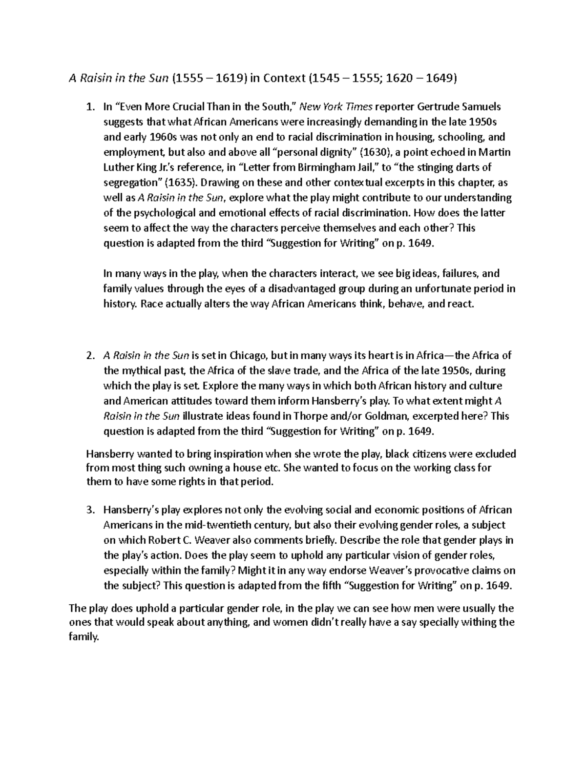 Questions on A Raisin in the Sun in Context - A Raisin in the Sun (1555 ...