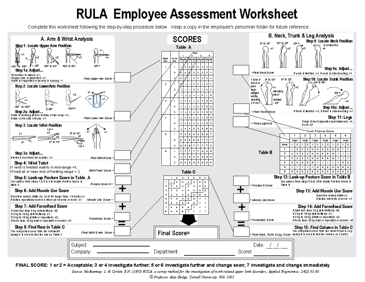 RULAworksheet - Sicurezza e salute sul lavoro - 1 2 3 4 5 6 7+ 1 1 2 3 ...