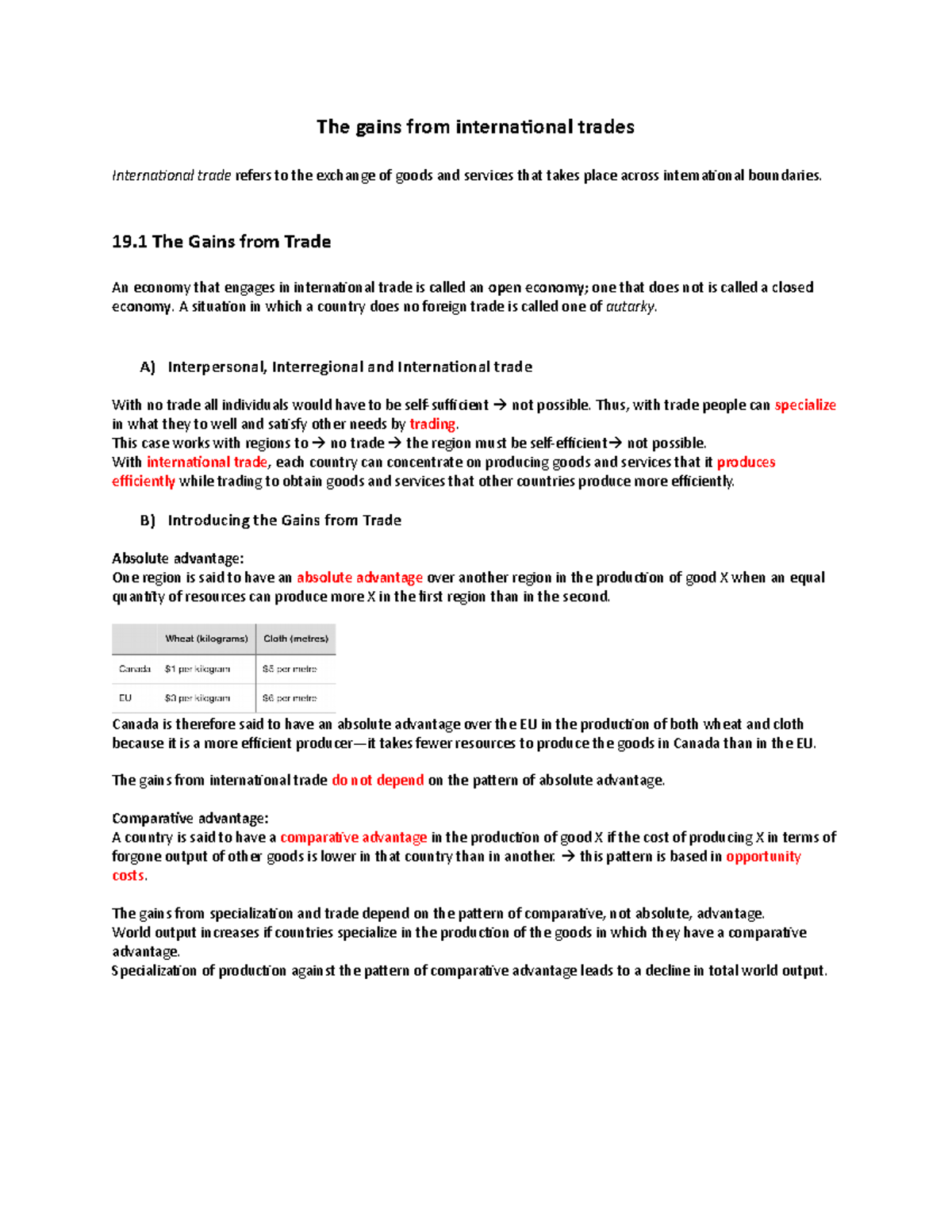 ECON 201 Chapter 19 - The gains from international trades International ...