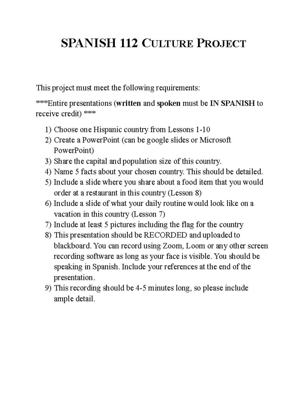 Spanish Culture Project - This project must meet the following ...