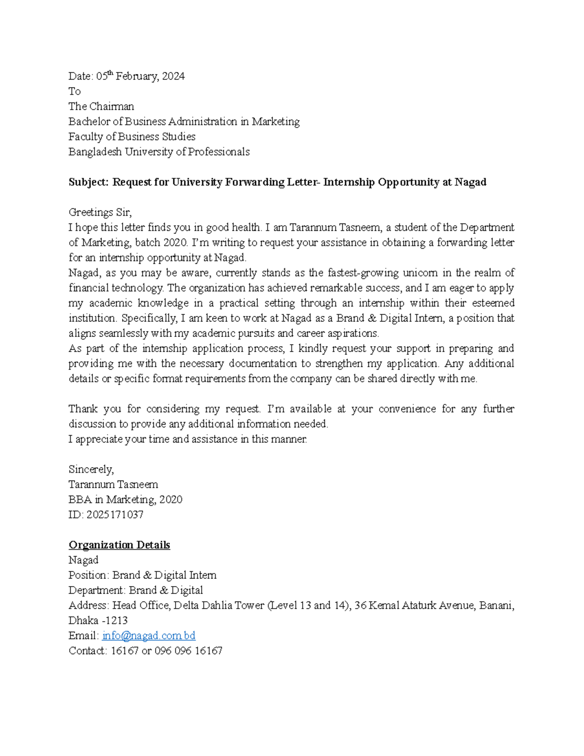 Forwarding Letter - I am Tarannum Tasneem, a student of the Department ...