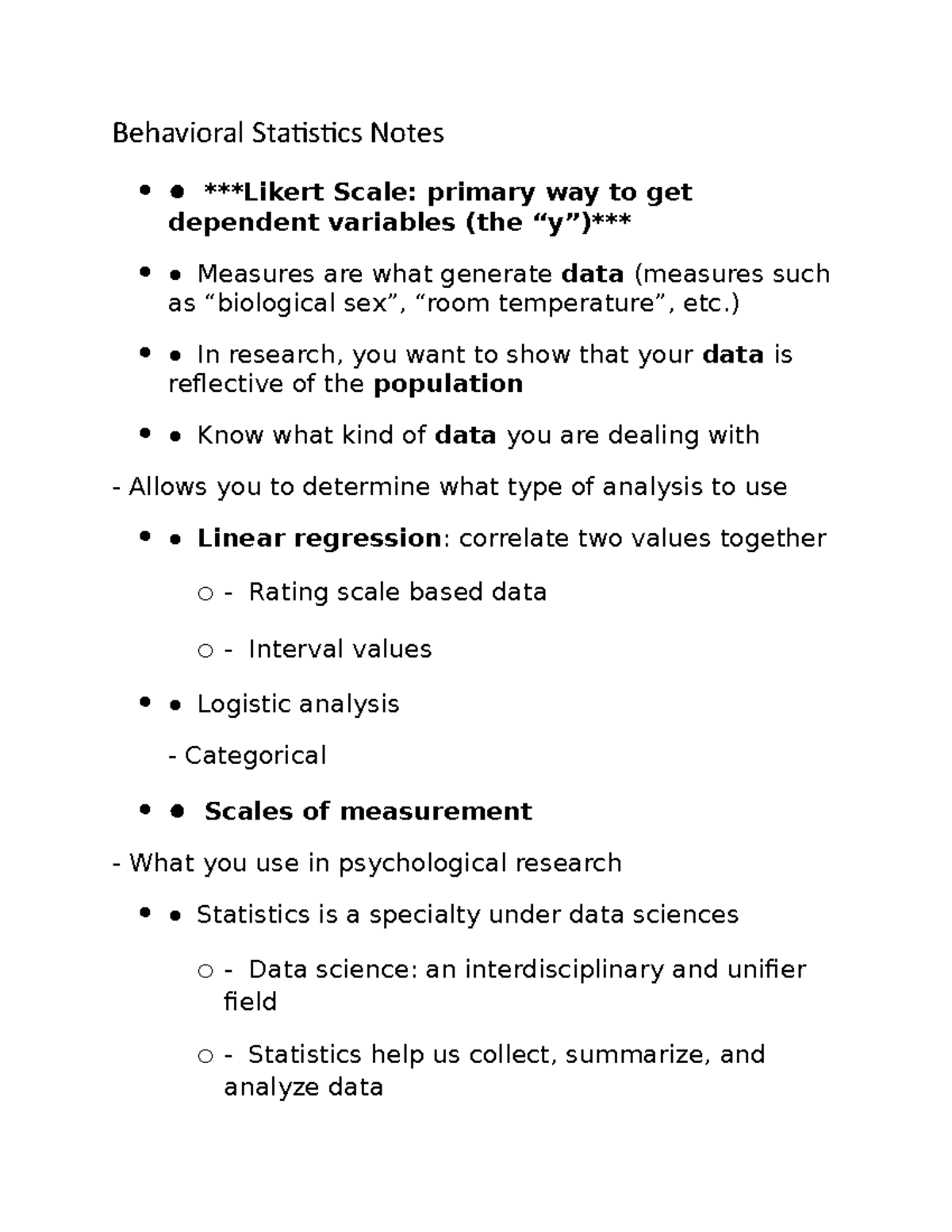 Behavioral Statistics Notes 2 - Behavioral Statistics Notes ***Likert ...