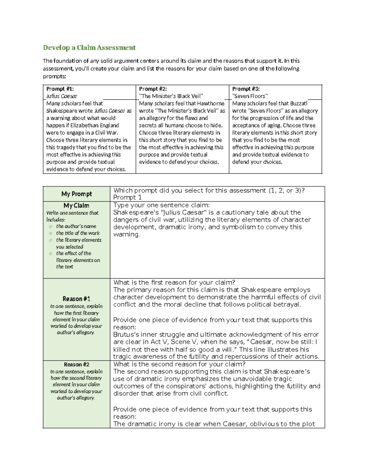 Develop a claim assess rubric k - Develop a Claim Assessment The ...