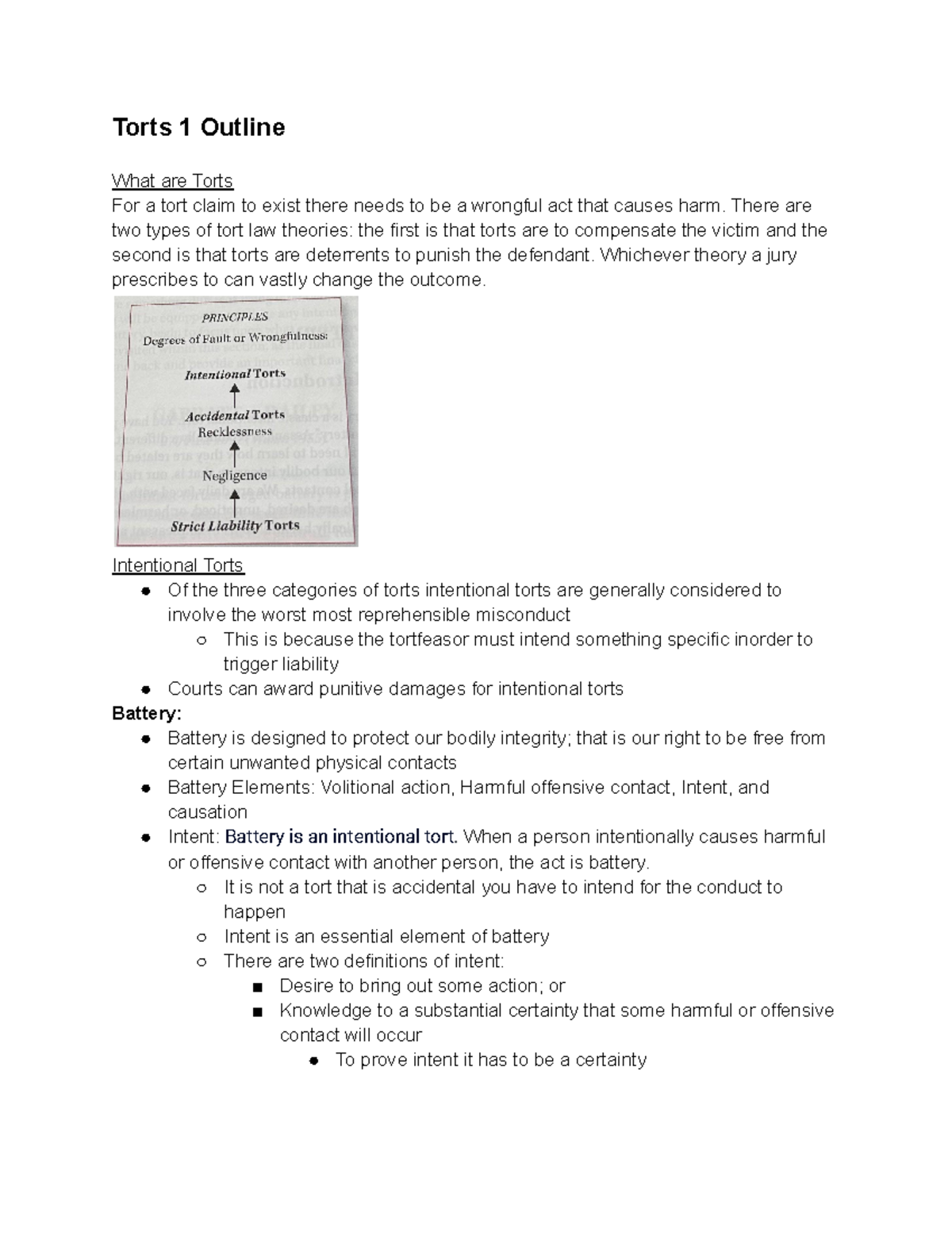 Torts Outline - Torts 1 Outline What are Torts For a tort claim to ...