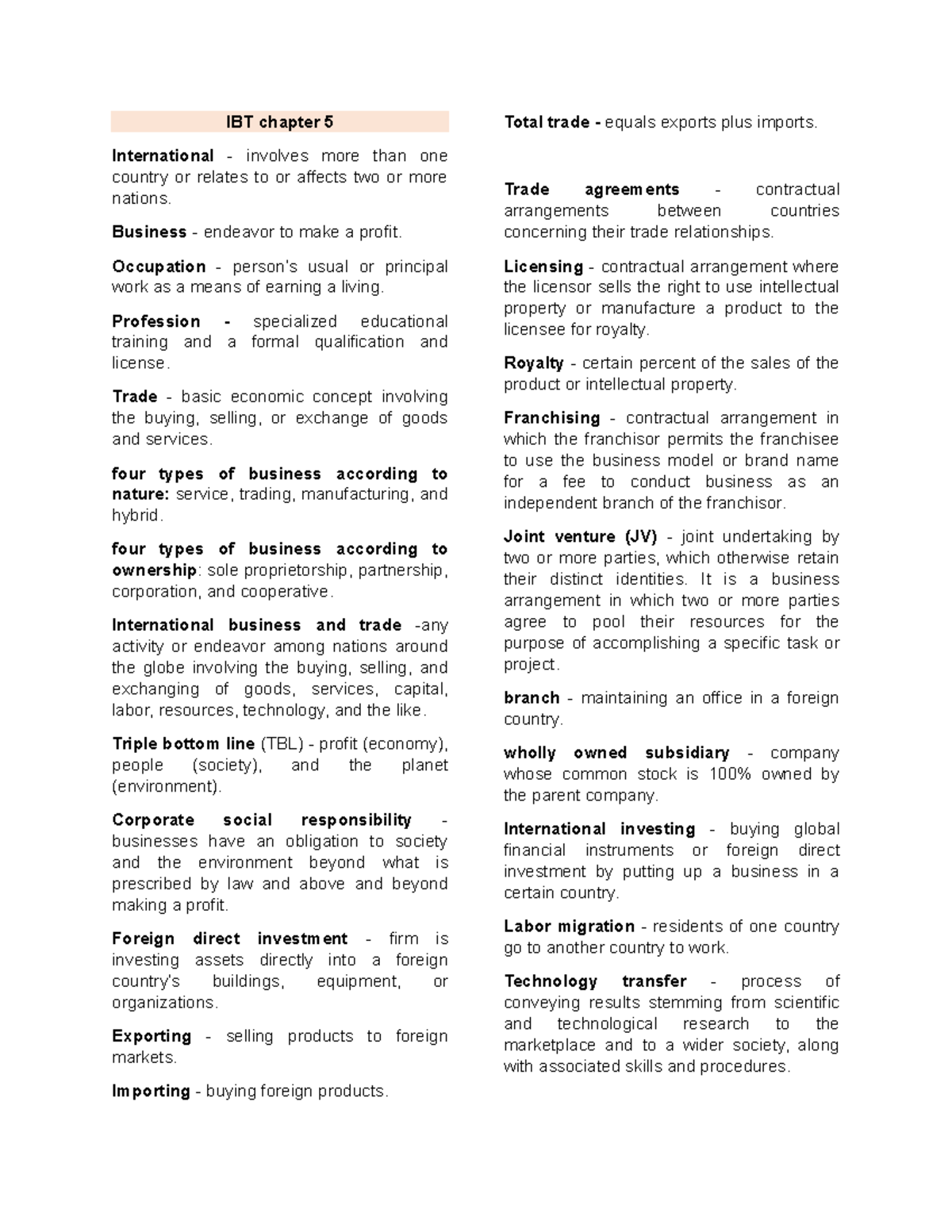 IBT chapter 5 - notes - IBT chapter 5 International - involves more ...
