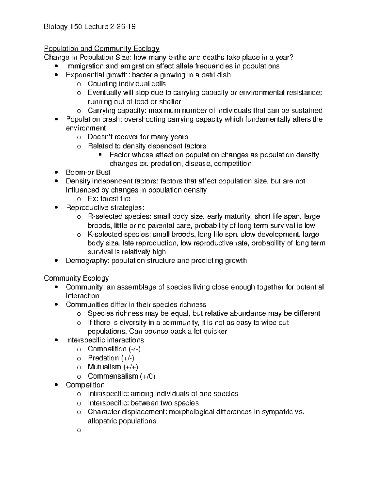 Biology 150 Lecture 2-26-19 - Biology 150 Lecture Population and ...
