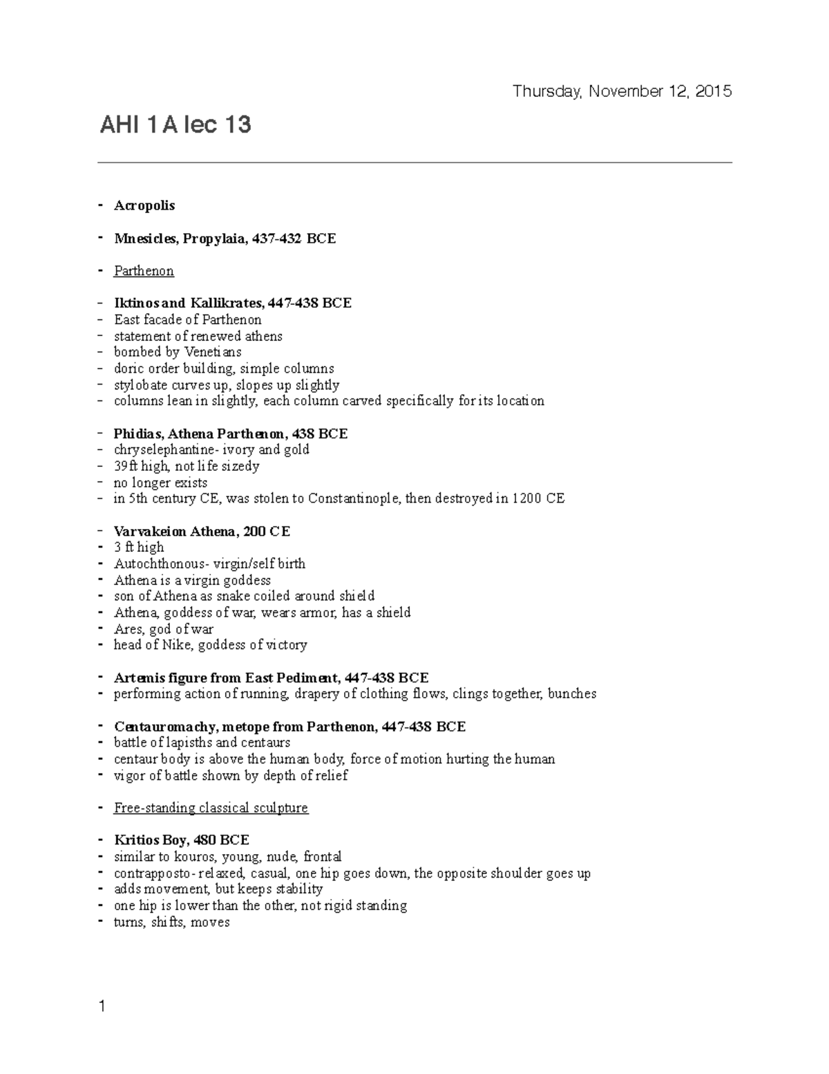 AHI 1A lec 13 - Lecture notes 13 - Thursday, November 12, 2015 AHI 1A ...