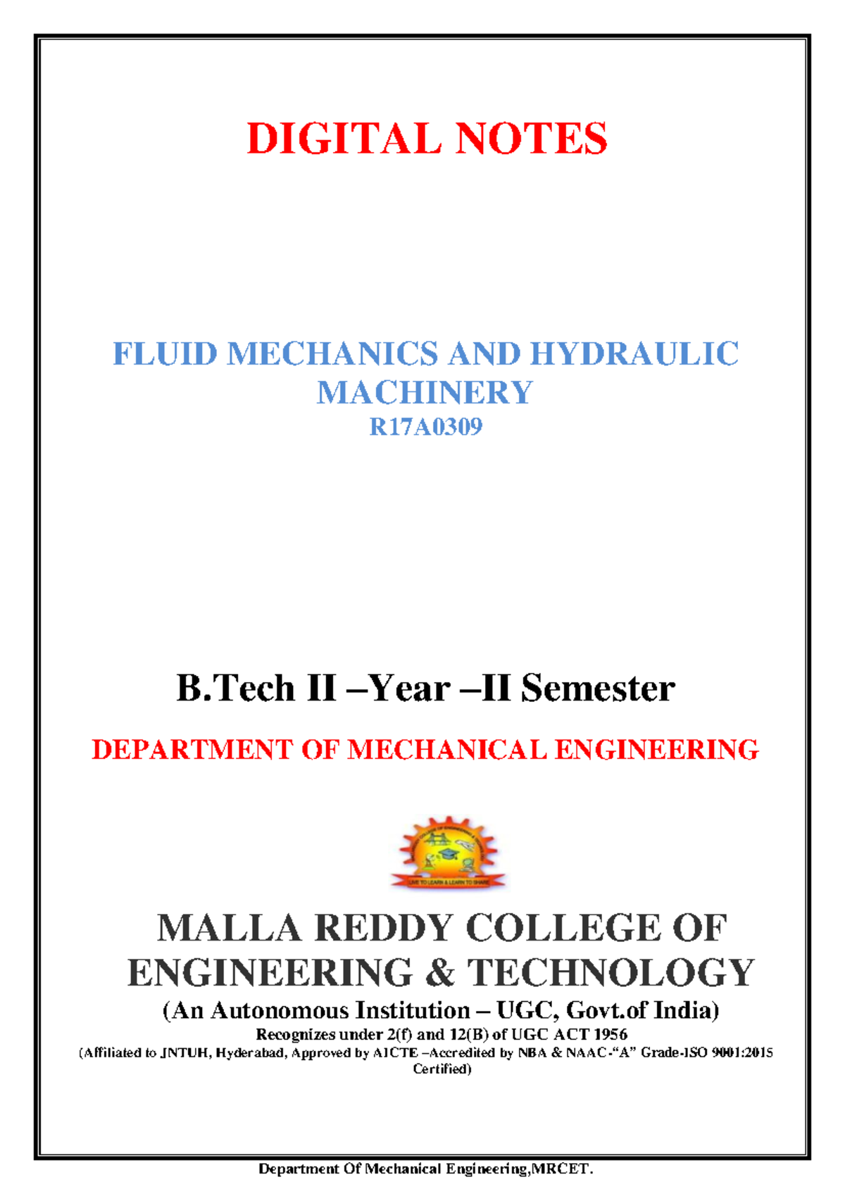 FMHM Digital Notes - Department Of Mechanical Engineering,MRCET ...