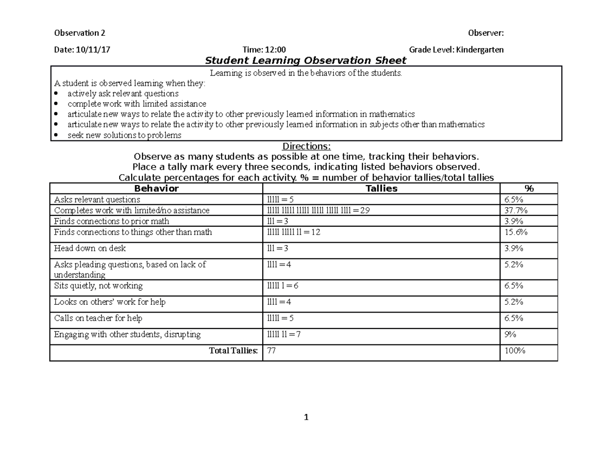 Observation 2 Student Learning Observation Sheet - Observation 2 ...