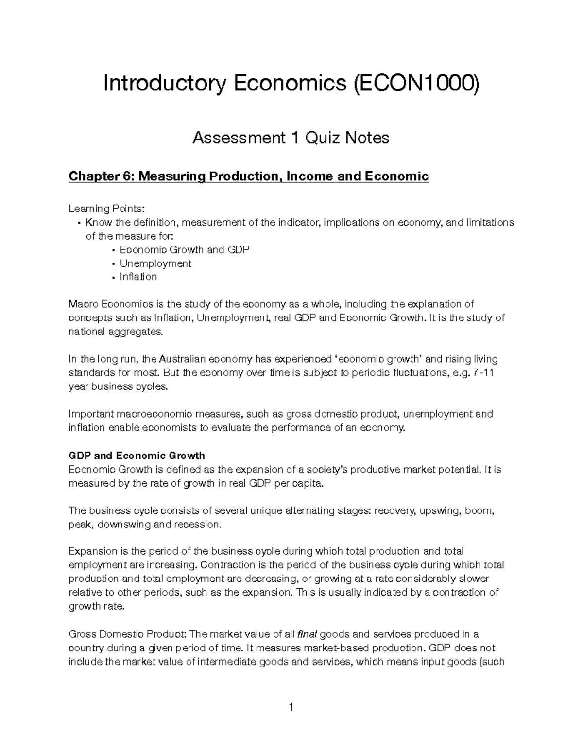 ECON1000 Notes 6-9 - Introductory Economics (ECON1000) Assessment 1 ...