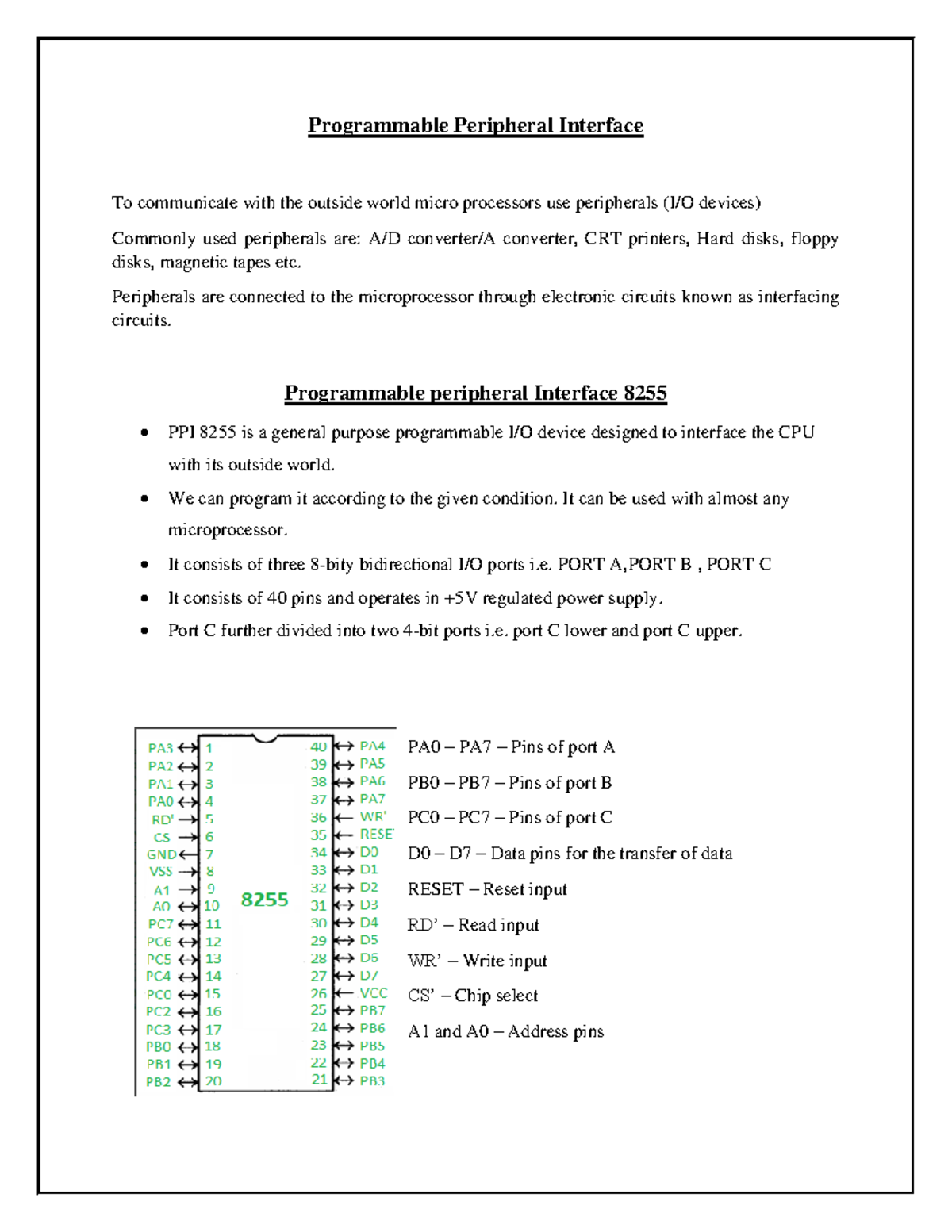 Programmable Peripheral Interface - Peripherals are connected to the microprocessor through ...