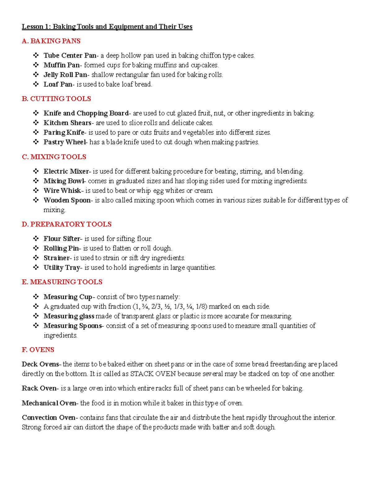 L1-BPP - Lesson 1: Baking Tools and Equipment and Their Uses A. BAKING ...