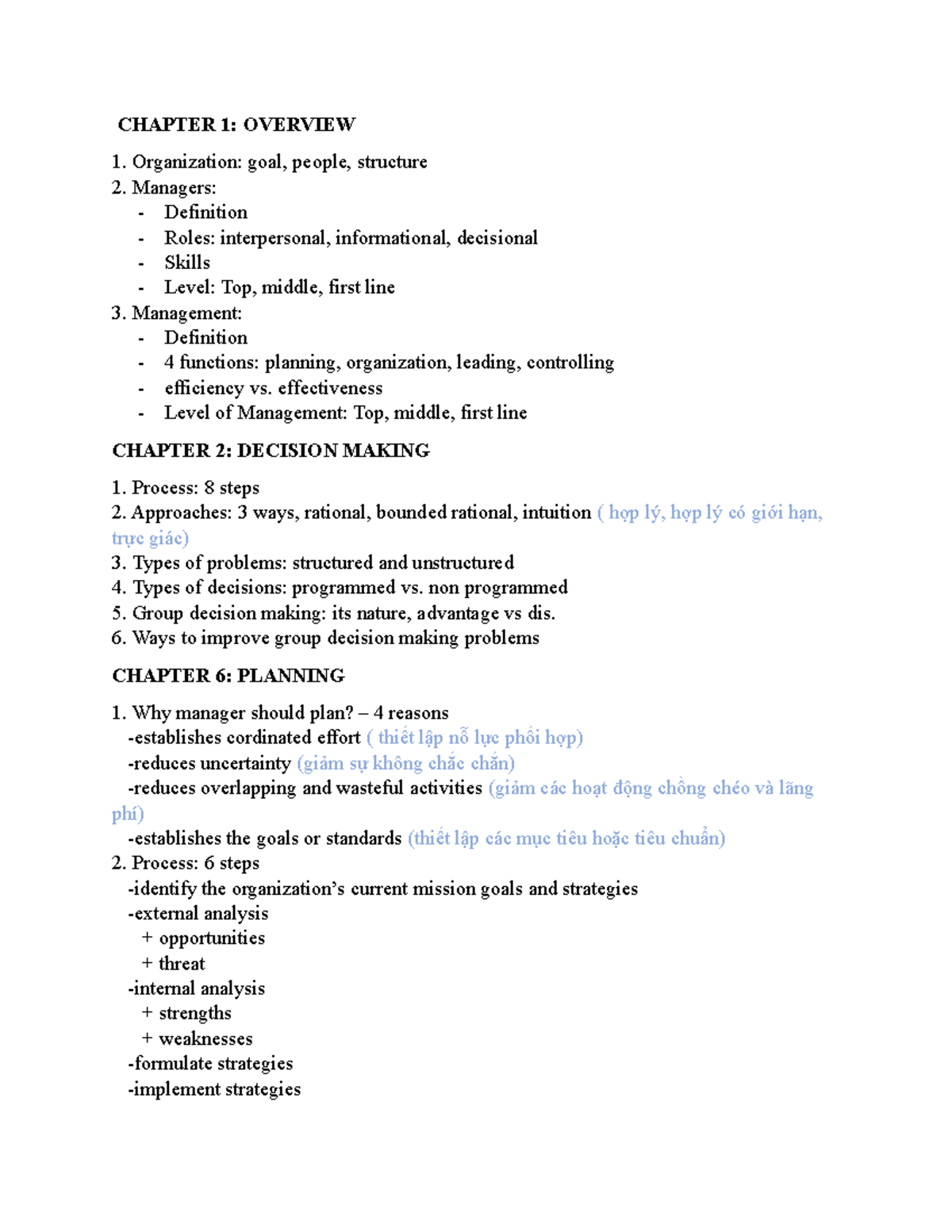 Quan tri hoc - note - CHAPTER 1: OVERVIEW Organization: goal, people ...