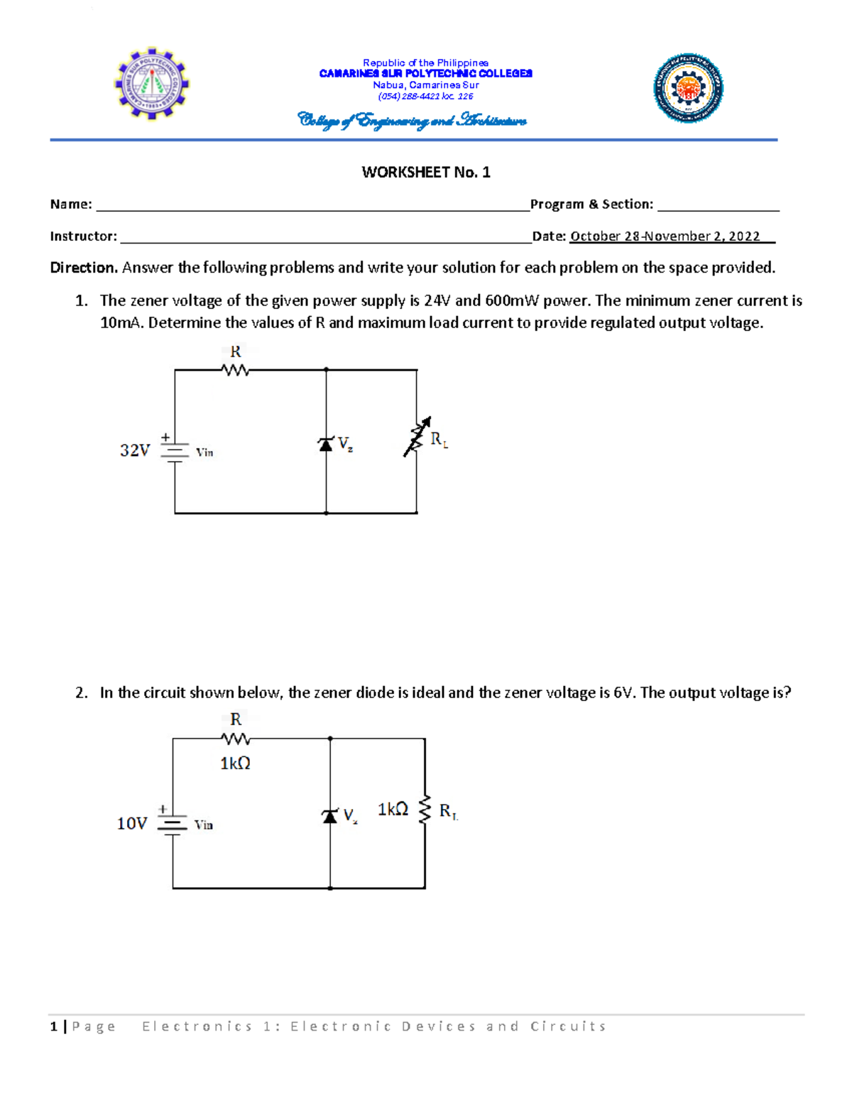 Worksheet 1 - Zener regulator - 1 | P a g e E l e c t r o n i c s 1 : E ...