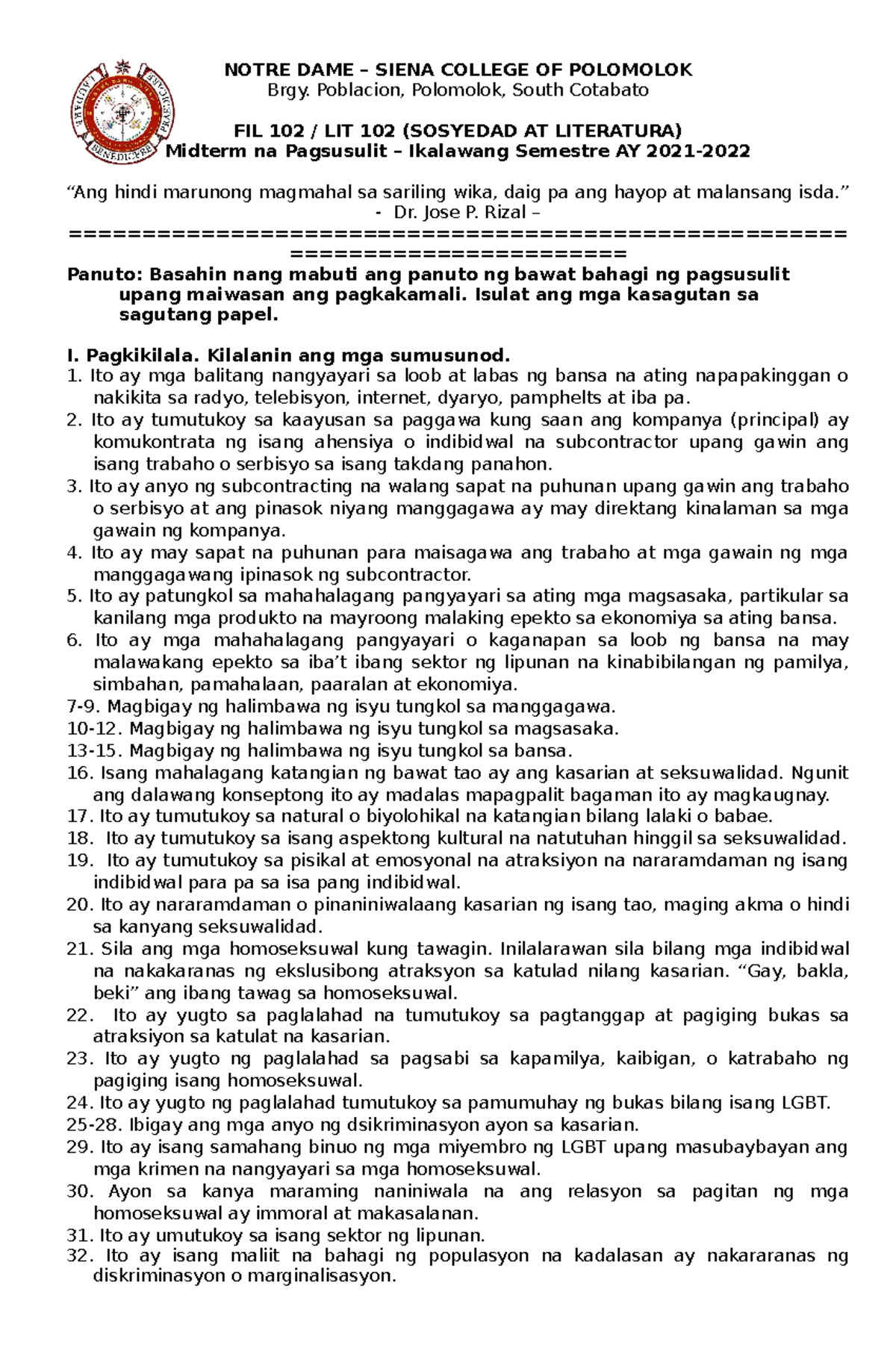 Soslit Midterm EXAM 2022 - NOTRE DAME – SIENA COLLEGE OF POLOMOLOK Brgy. Poblacion, Polomolok ...