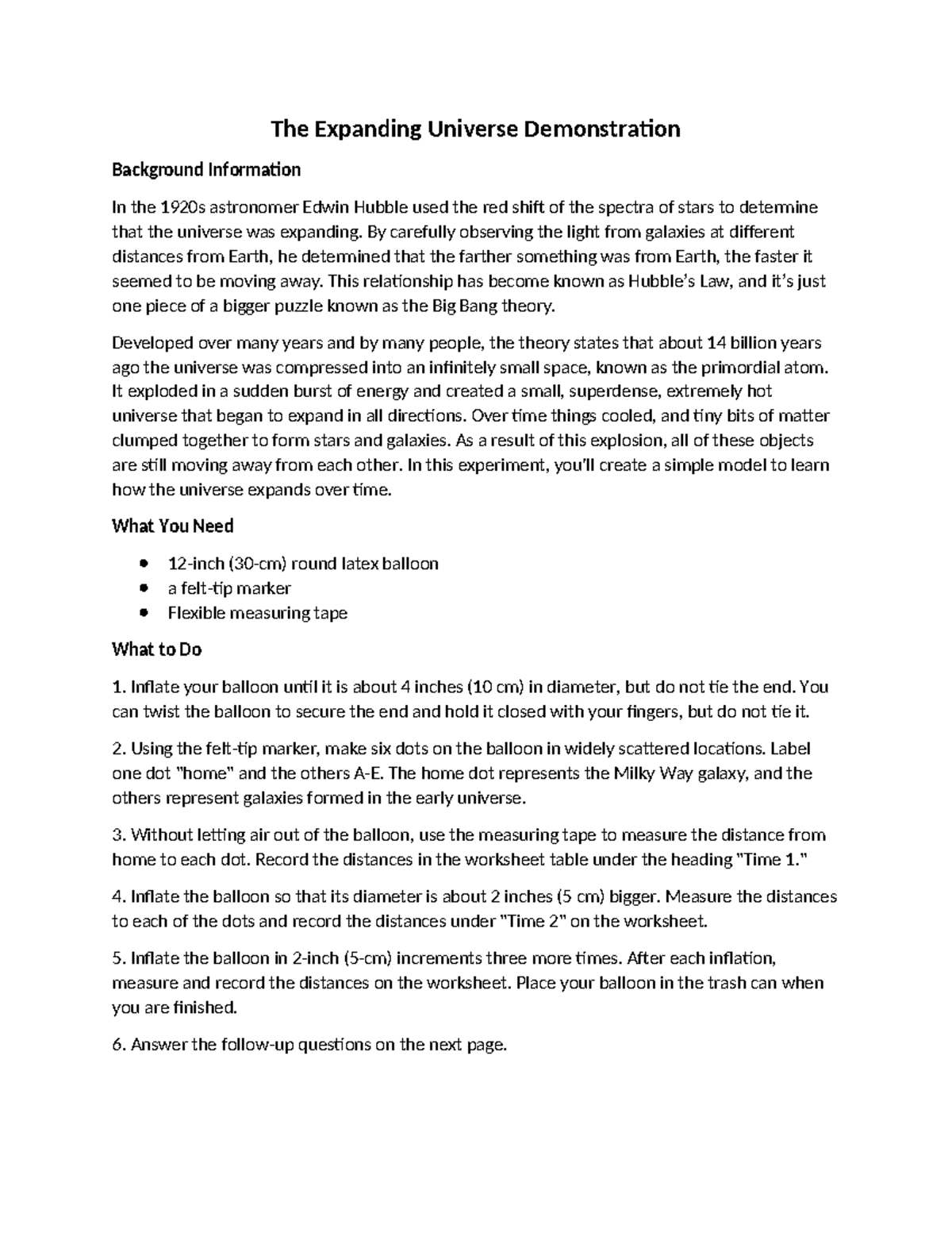 Expanding Universe Demo Lab-1 - The Expanding Universe Demonstration ...