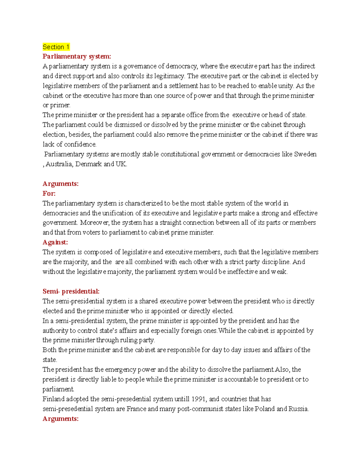 CP - lecture notes - Section 1 Parliamentary system: A parliamentary ...